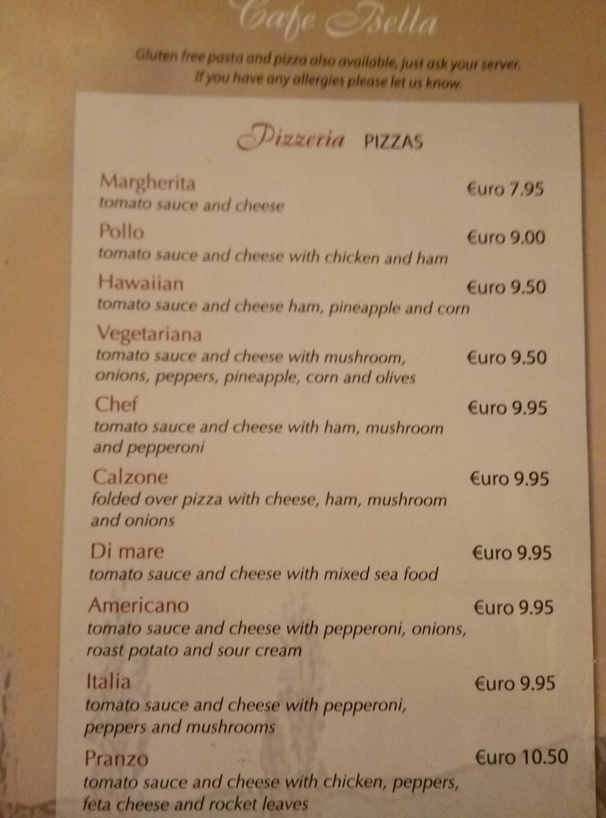 Menu at Bella Cafe, Fermoy, 41 McCurtain St