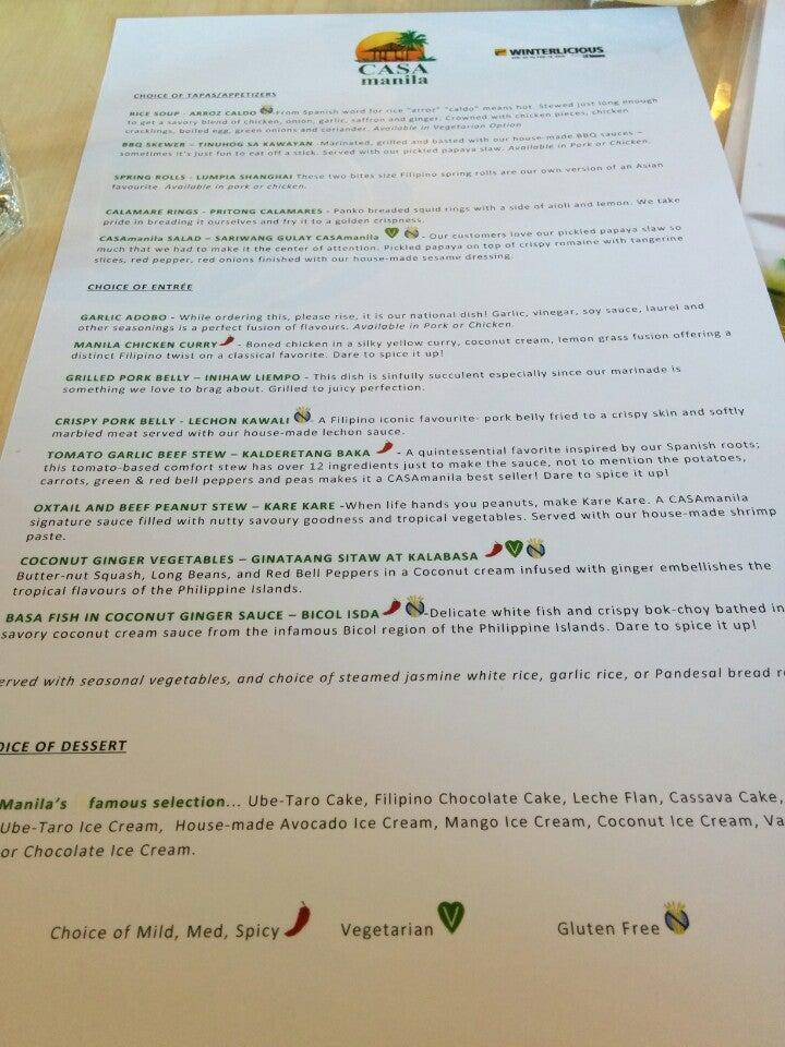 Menu at Casa Manila restaurant, Toronto, 879 York Mills Rd Unit #1