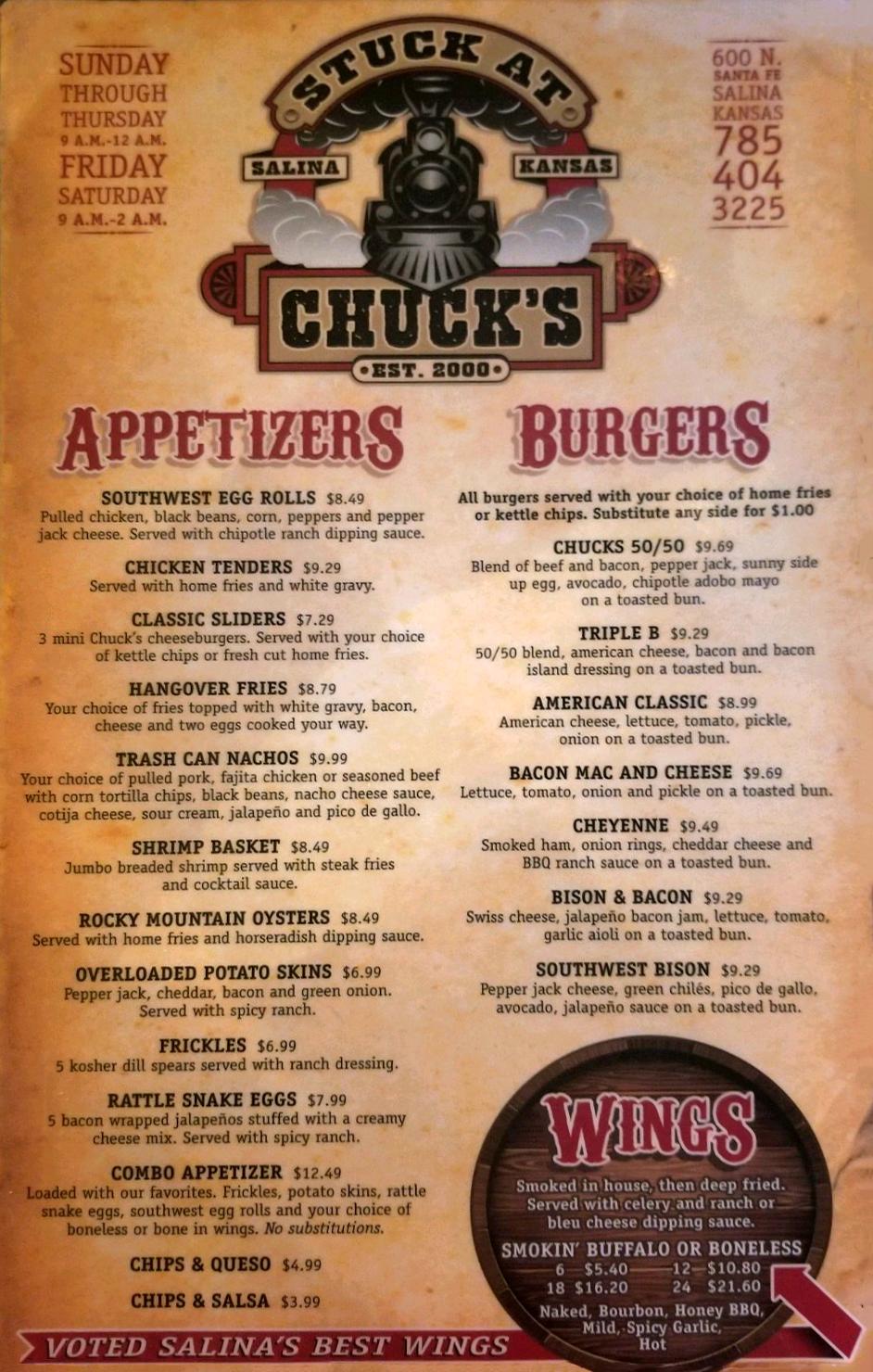 Menu at Chuck's Bar, Salina