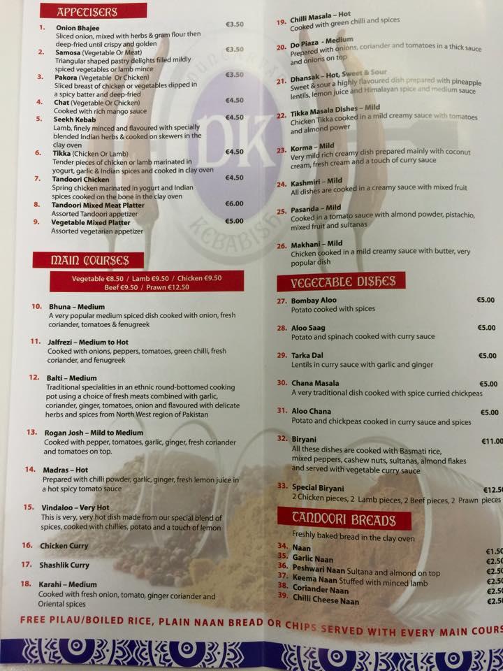 Carta del restaurante Dungarvan Kebabish, Dungarvan