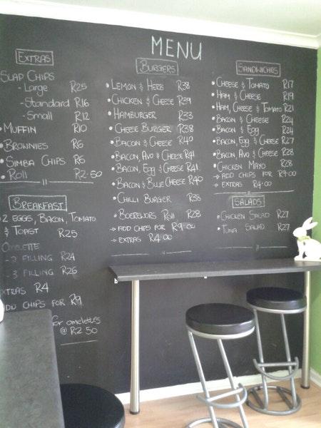Menu at Follow the White Rabbit fast food, Stellenbosch, Quantum Street