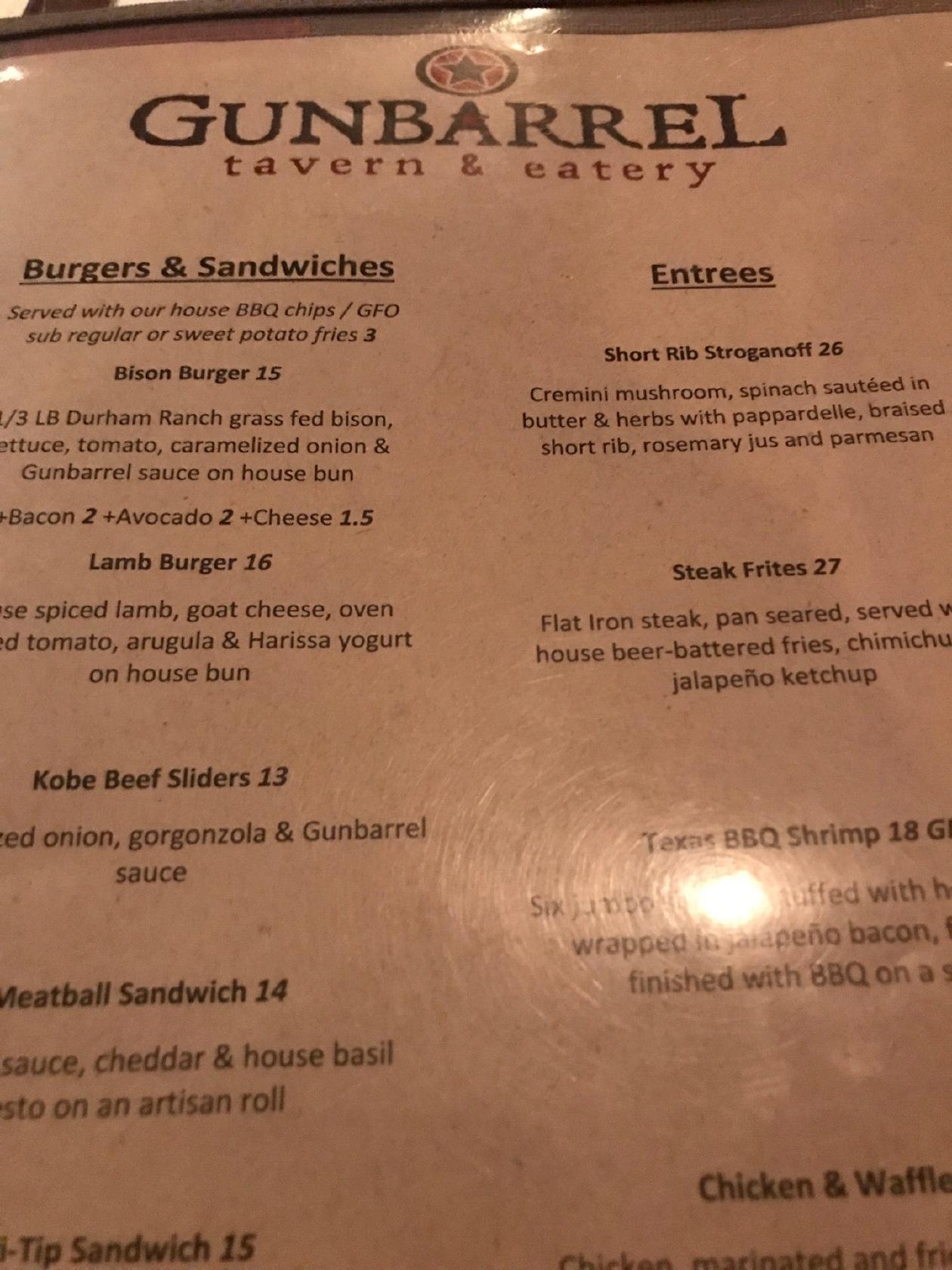 Menu at Gunbarrel Tavern & Eatery, South Lake Tahoe