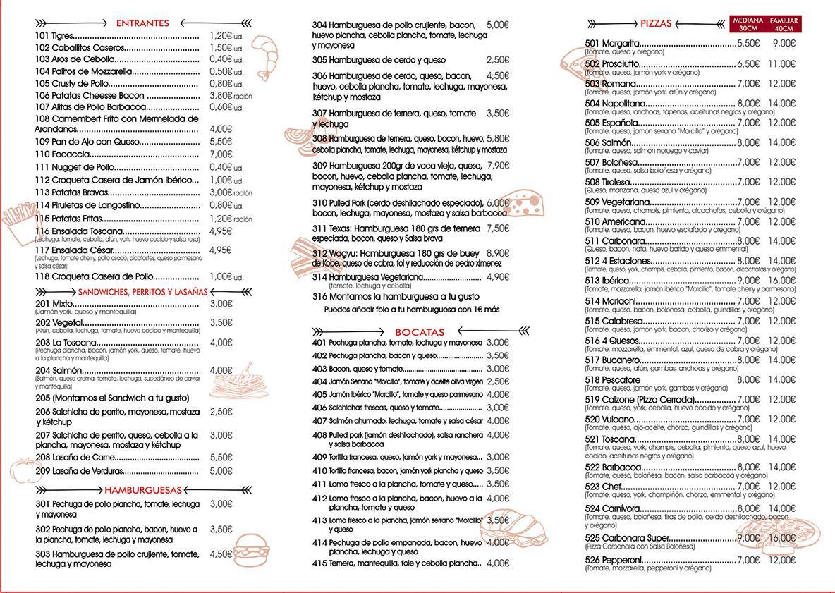 Carta de Pizzería La Toscana, Cieza