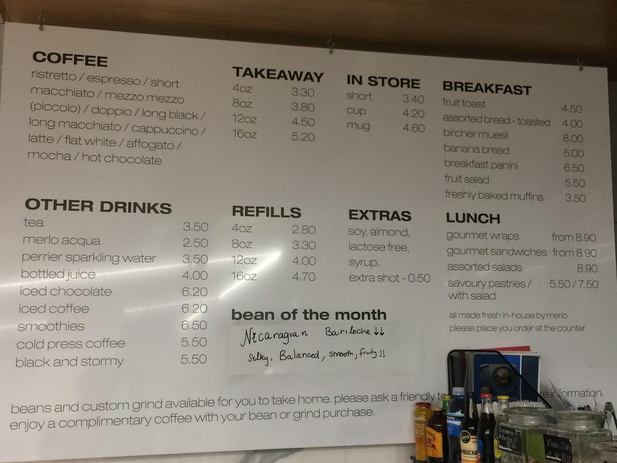 Carta de Merlo Coffee Cafe Brisbane City QUT Gardens Point, Brisbane ...