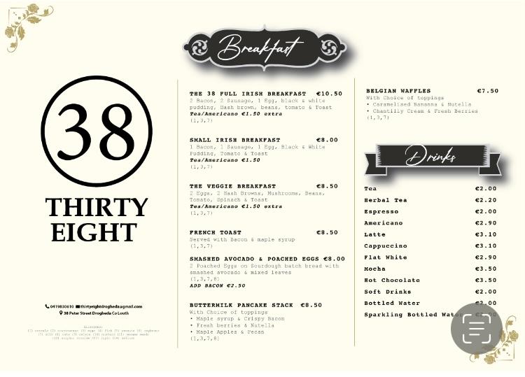 Menu at Thirty Eight - Cafe, Drogheda