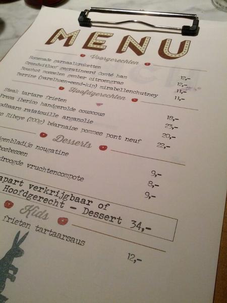 Menu at Wannes Raps, Diest