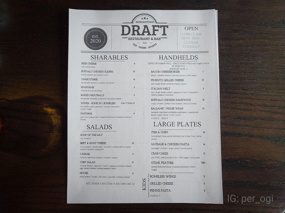 Menu at Draft pub & bar, Morgantown