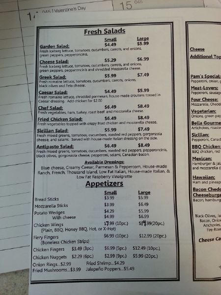 Menu at Pam's Place pizzeria, Swanton, 77 1st St