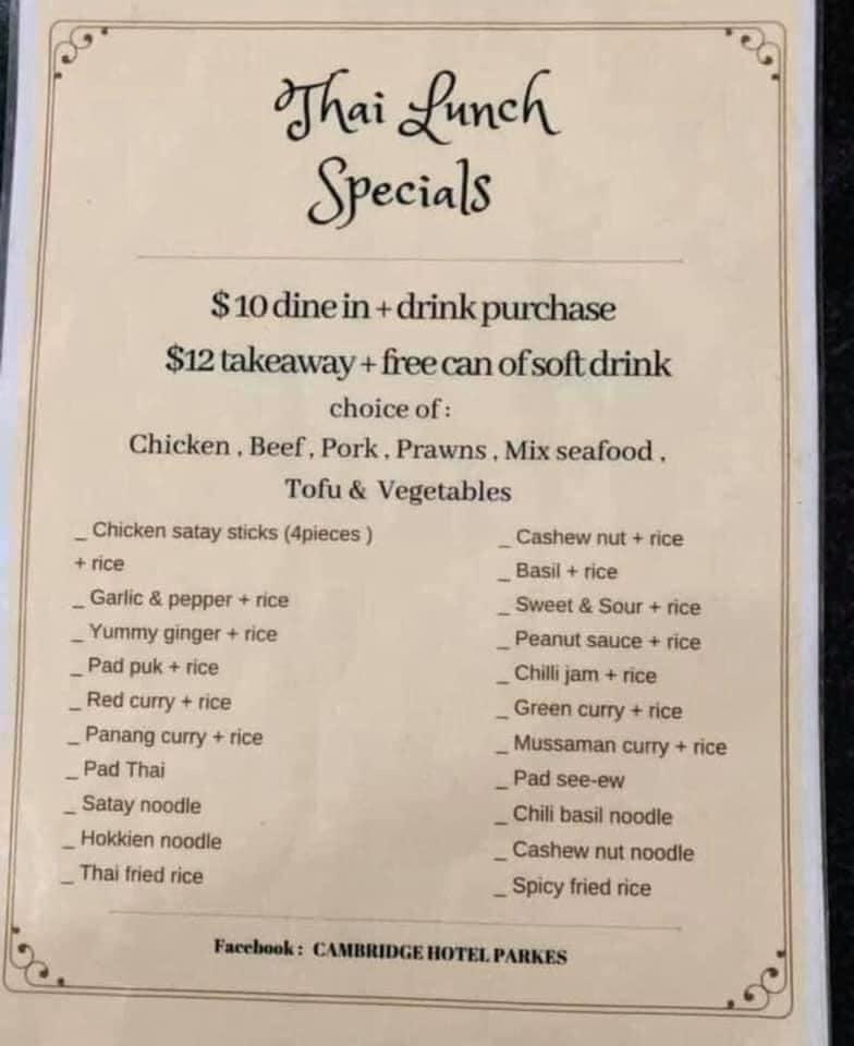 Menu at Cambridge Hotel pub & bar, Parkes