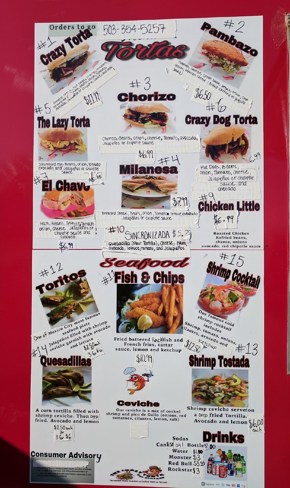 Menu at The Crazy Torta & Seafood restaurant, Tillamook