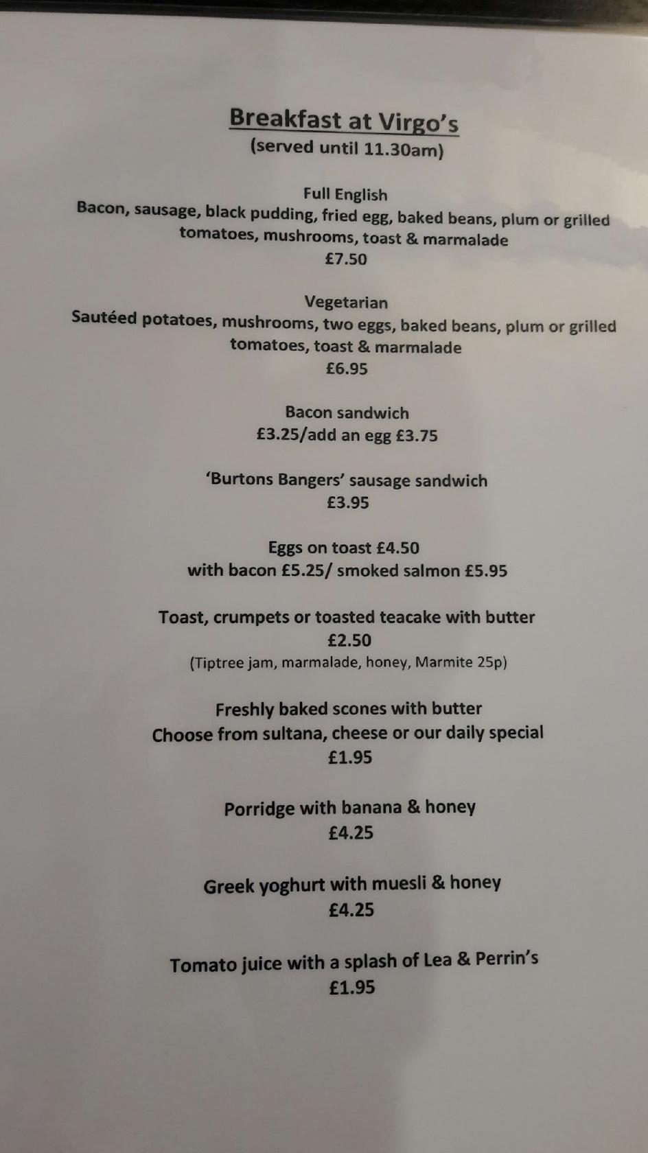 Menu at Virgos cafe, Saltburn-by-the-Sea