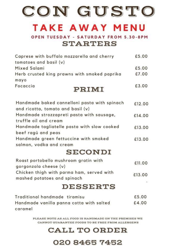 Menu at Con Gusto restaurant, London, 54 No 1 St
