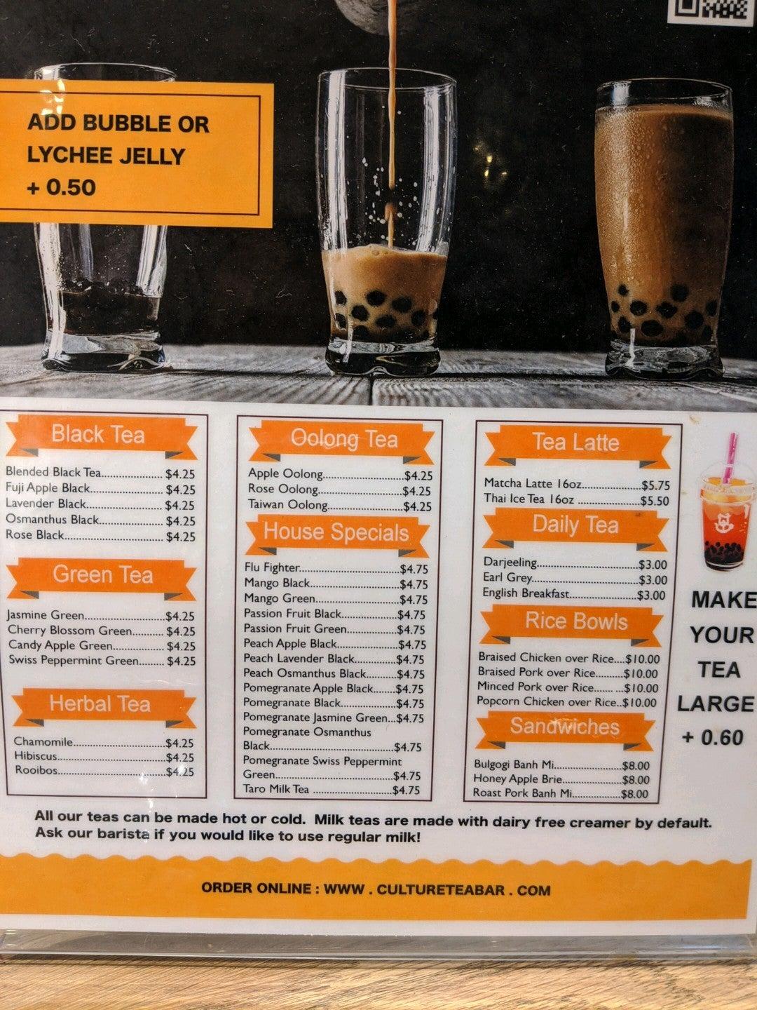 Menu at Culture Tea Bar, New York City
