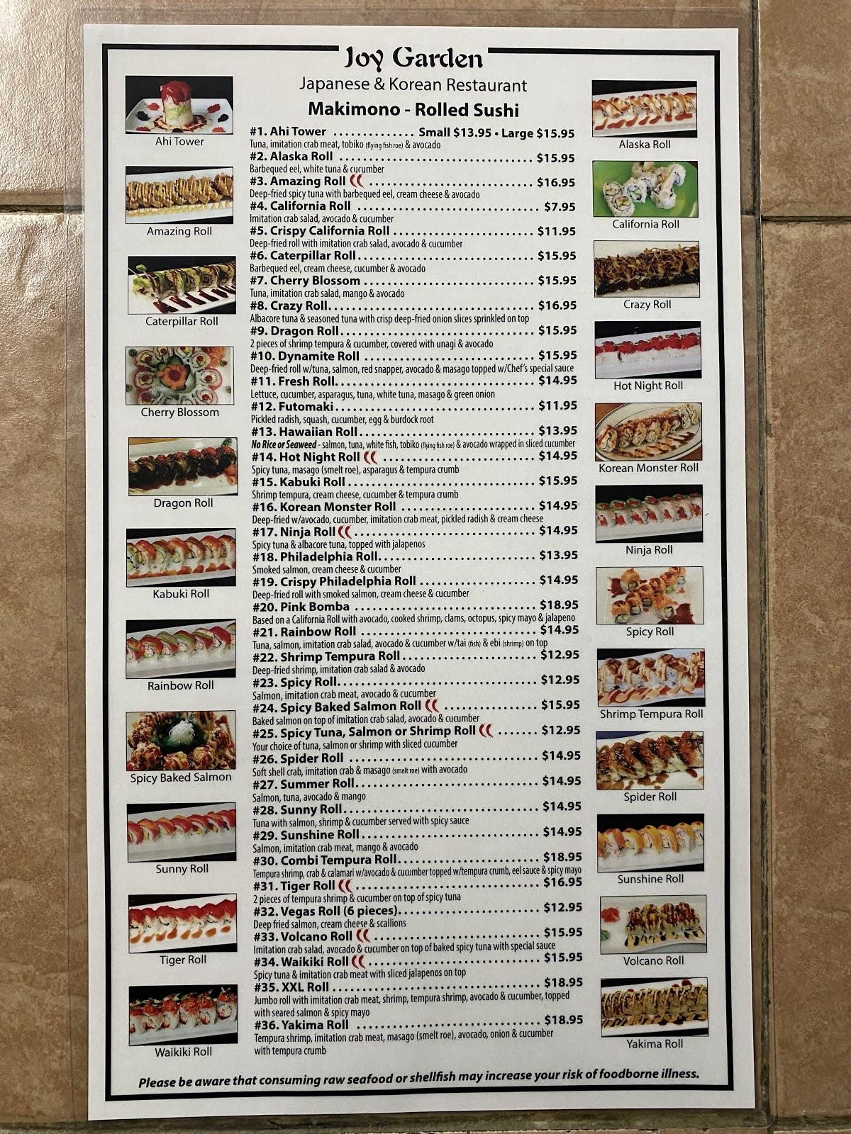 Menu at Joy Garden restaurant, Yakima