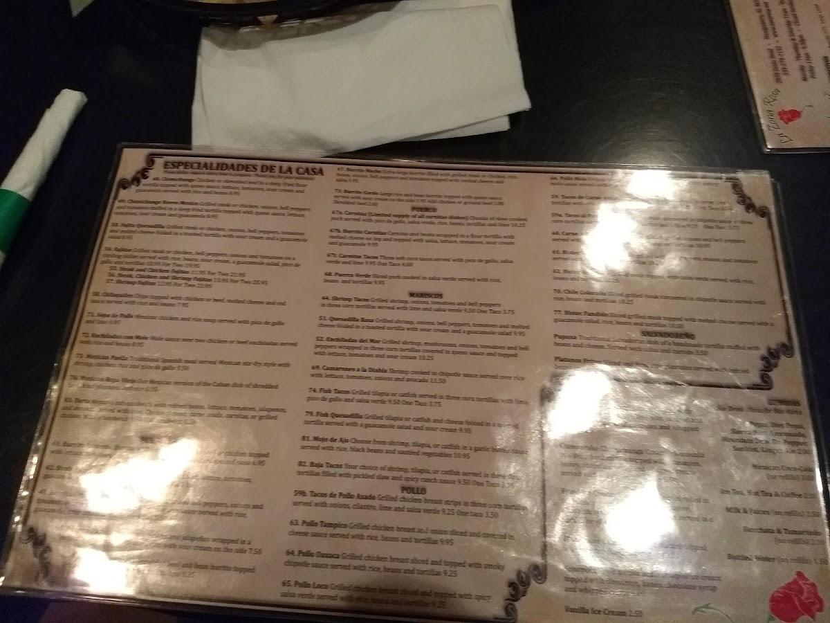 Menu at La Zona Rosa restaurant, Montgomery