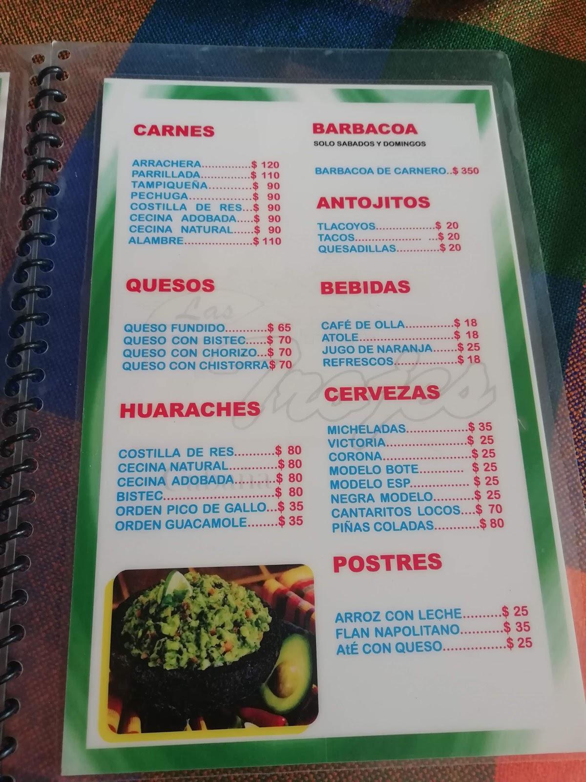 Menu at Las Trojes restaurant, Mexico City, Aut.Mexico Toluca Km33.5