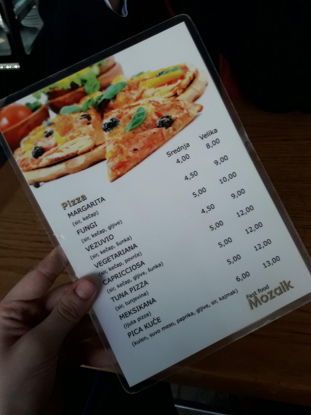 Menu at Mozaik restaurant, Lukavica