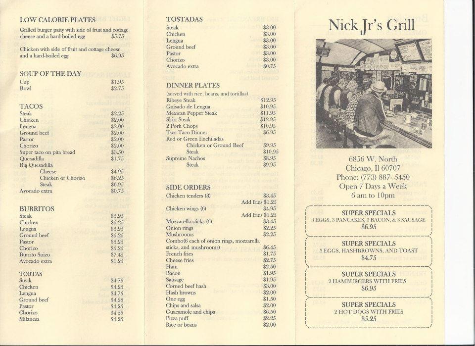 Menu at Nick Jr's Grill restaurant, Chicago