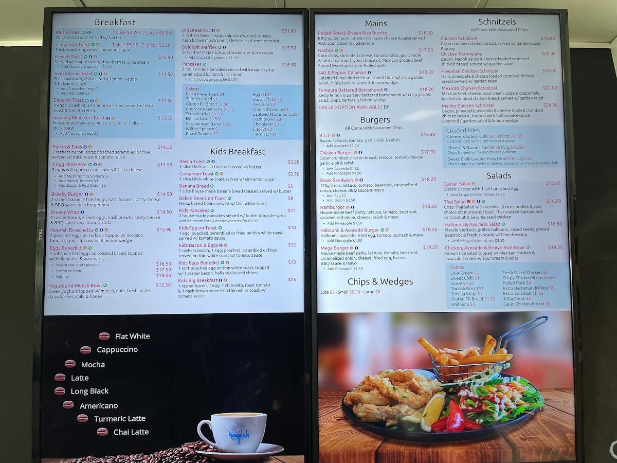 Menu at Nourish restaurant, Toowoomba City
