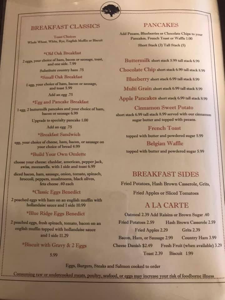 Menu at Old Oak Cafe, Westlake Corner