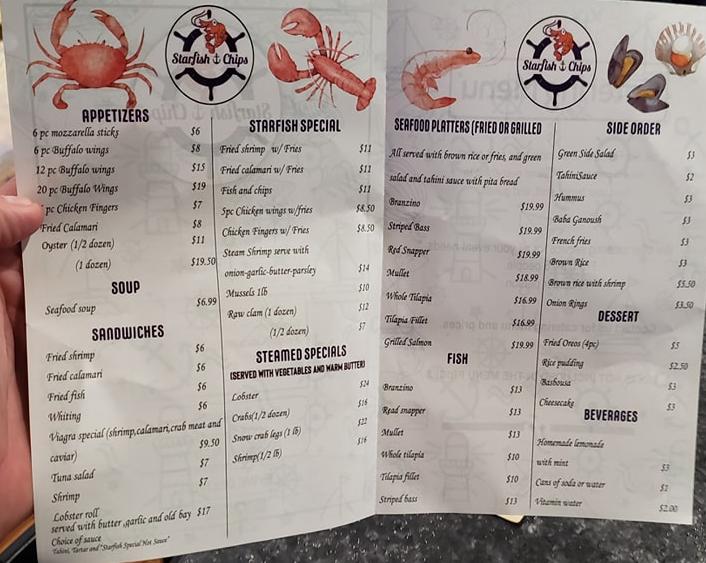 Menu at Starfish & Chips restaurant, Bayonne