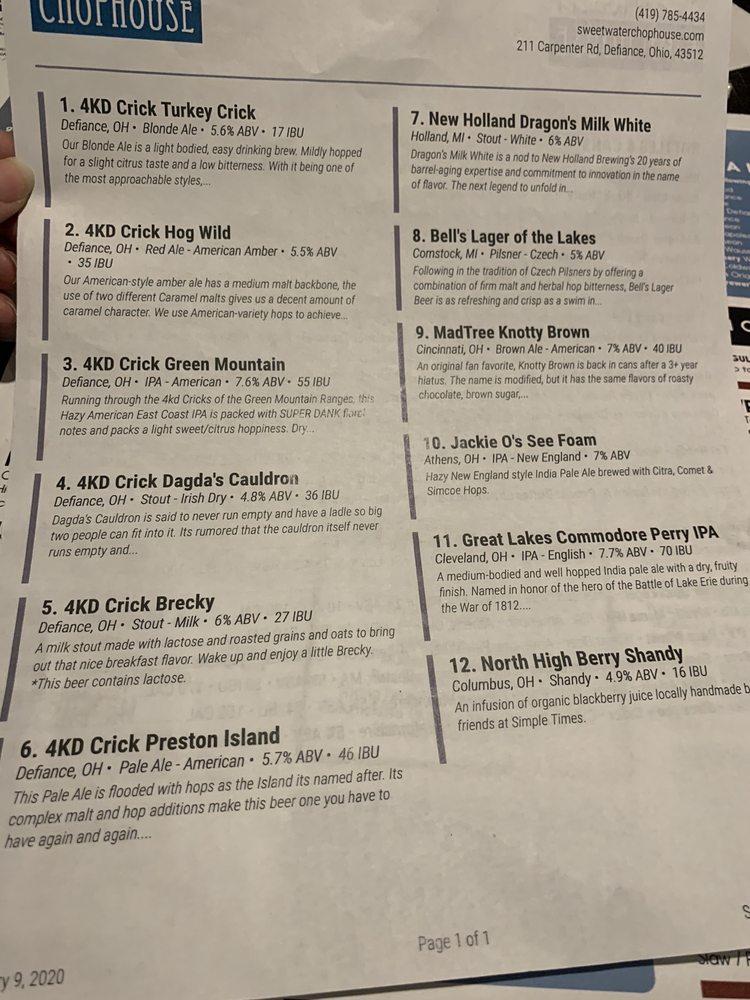 Menu at Sweetwater Chophouse steakhouse, Defiance