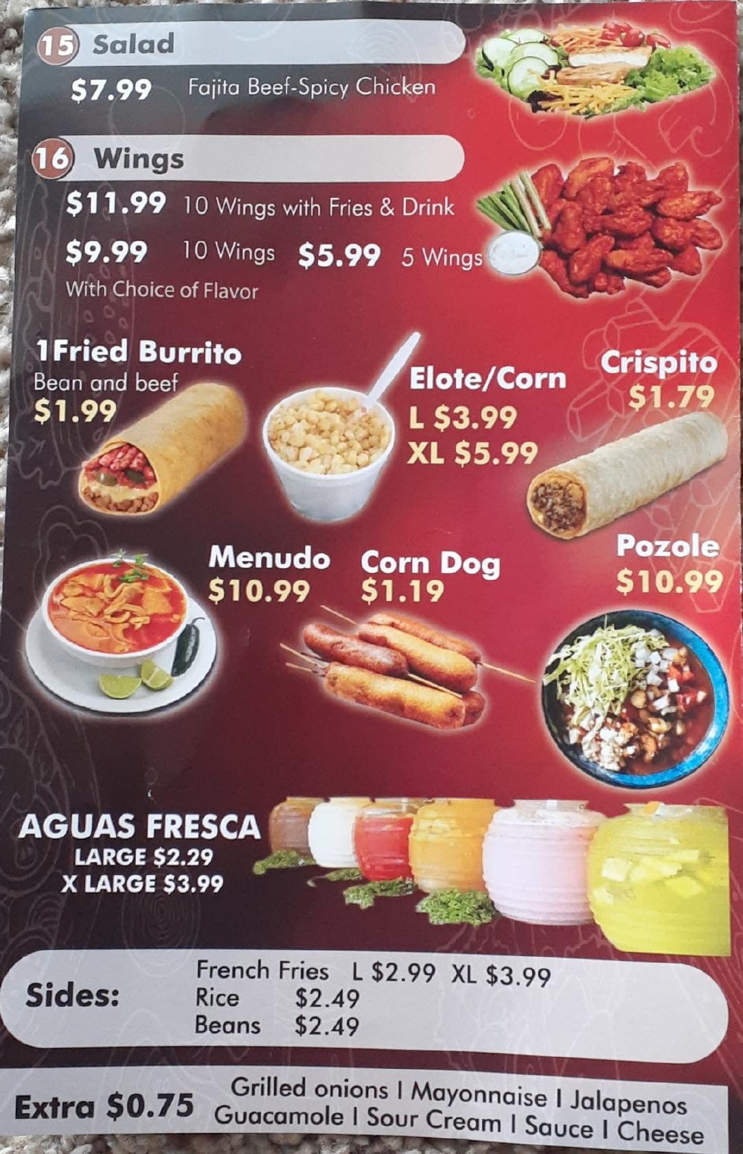 Menu at Taco Palacio restaurant, Arlington