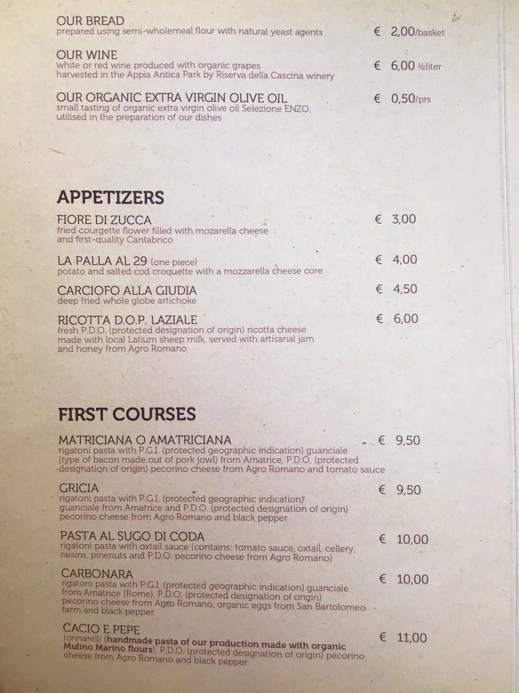 Menu at Trattoria Da Enzo al 29 restaurant, Rome