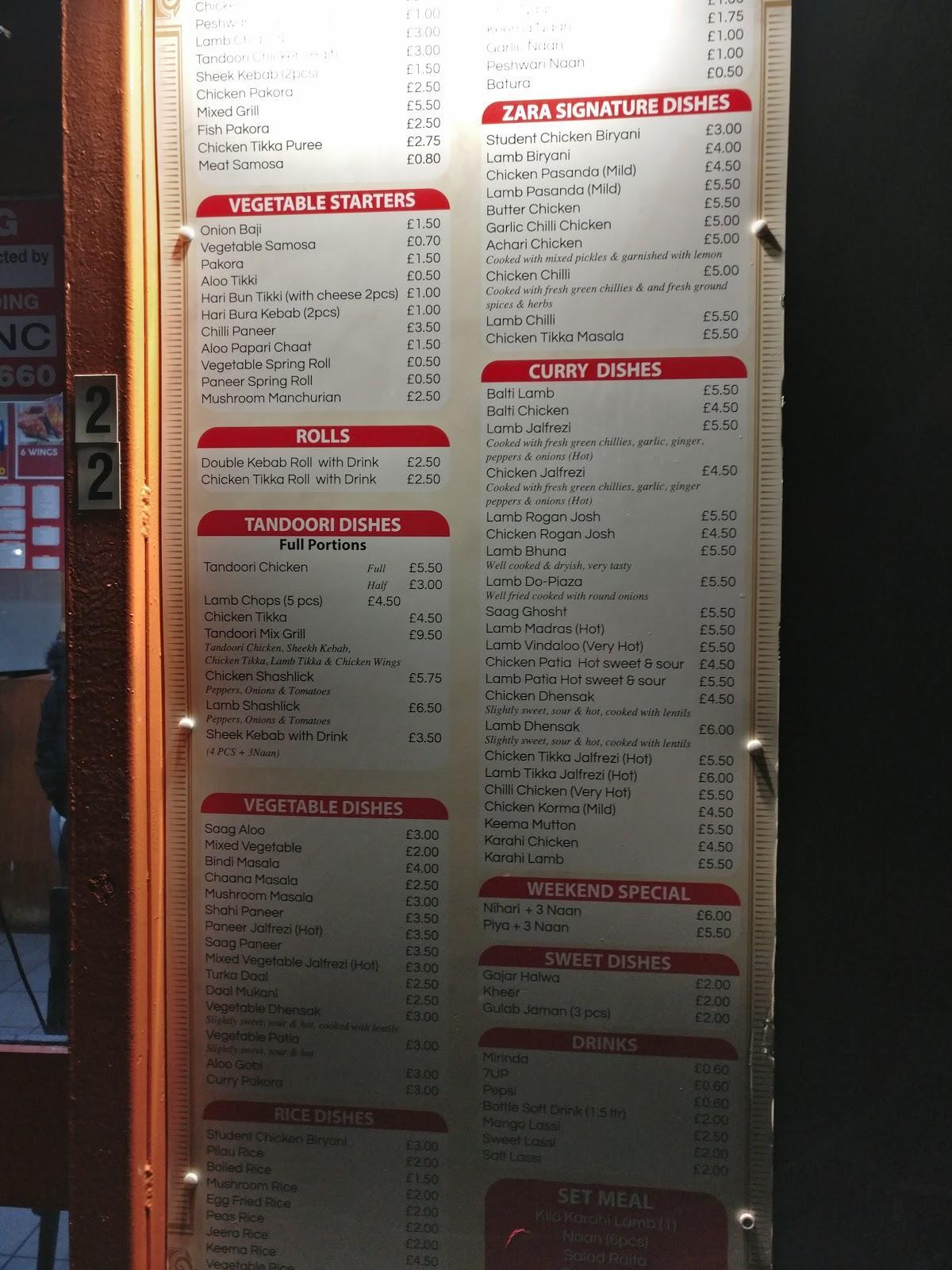 Menu at Zara 1 Restaurant & Takeaway, Hayes