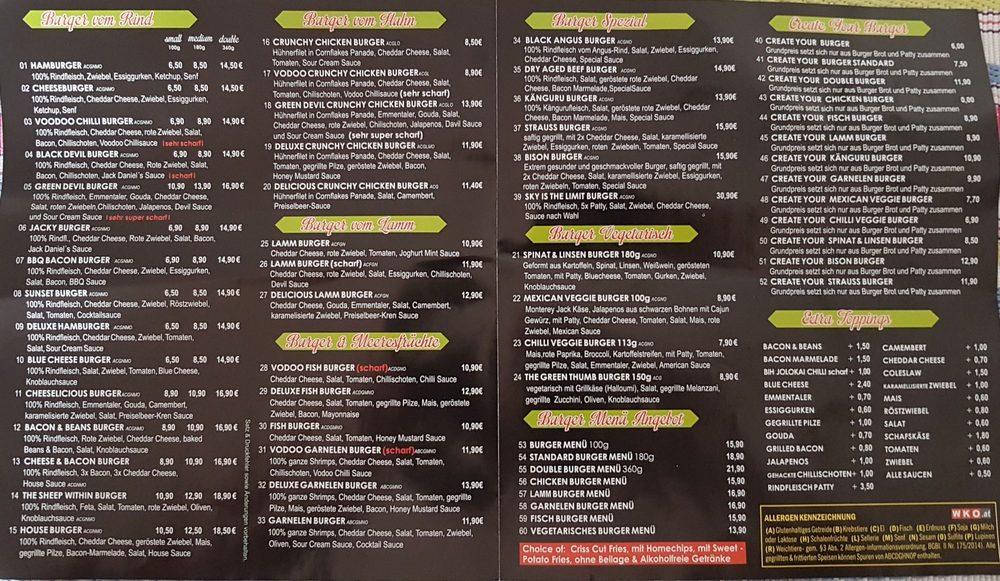 Menu at Burgerlicious restaurant, Vienna, Dieselgasse 16