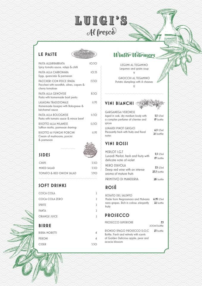 Menu at Luigis al Fresco restaurant, Maldon
