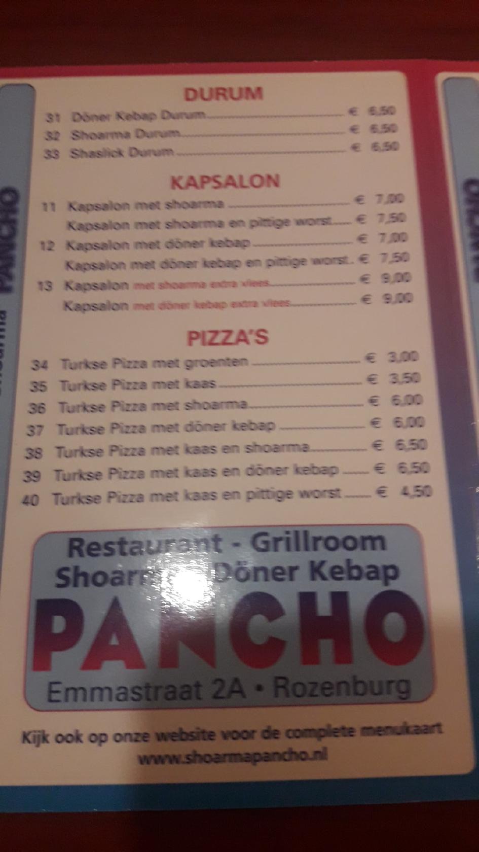 Menu at Pancho, Rozenburg