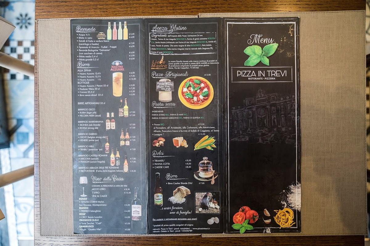 Menu at Pizza in Trevi pizzeria, Rome