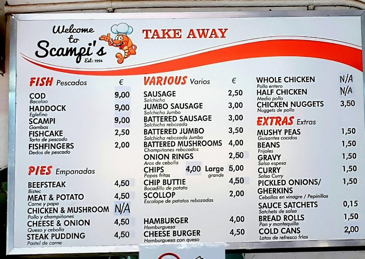 Menu at Scampi's Fish and Chips restaurant, Playa de las Américas