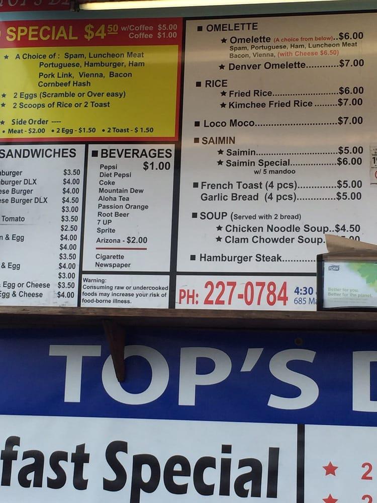 Menu at Top's Deli, Honolulu, 685 Mapunapuna St