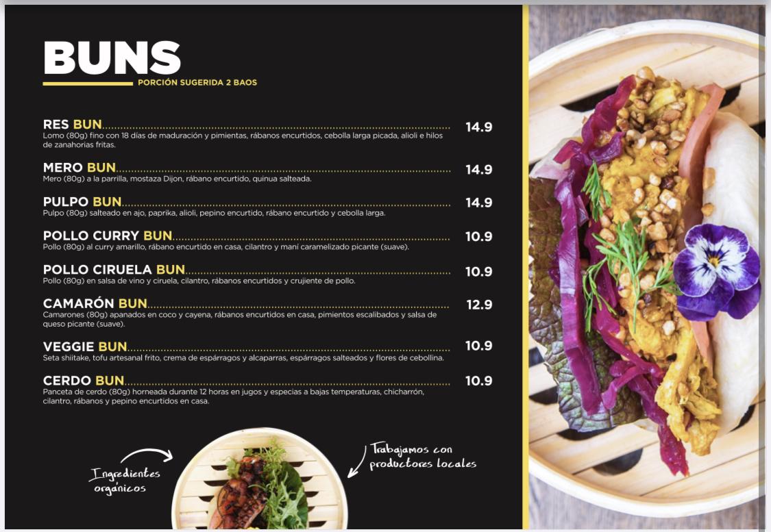 Menu at Bao bun restaurant, Bogotá, Calle 90#16-34 mercado del chico ...