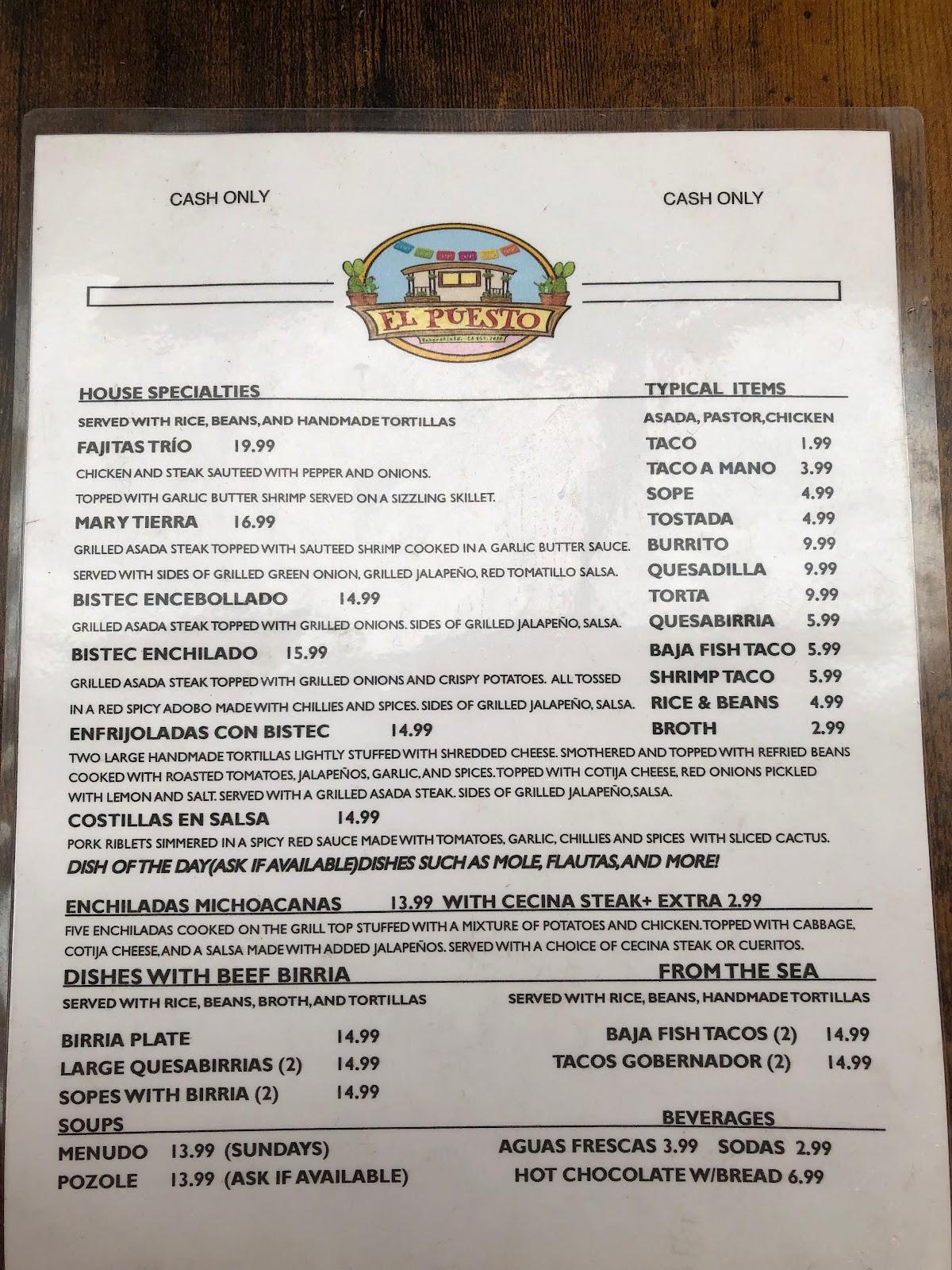Menu at El Puesto restaurant, Bakersfield, E Brundage Ln