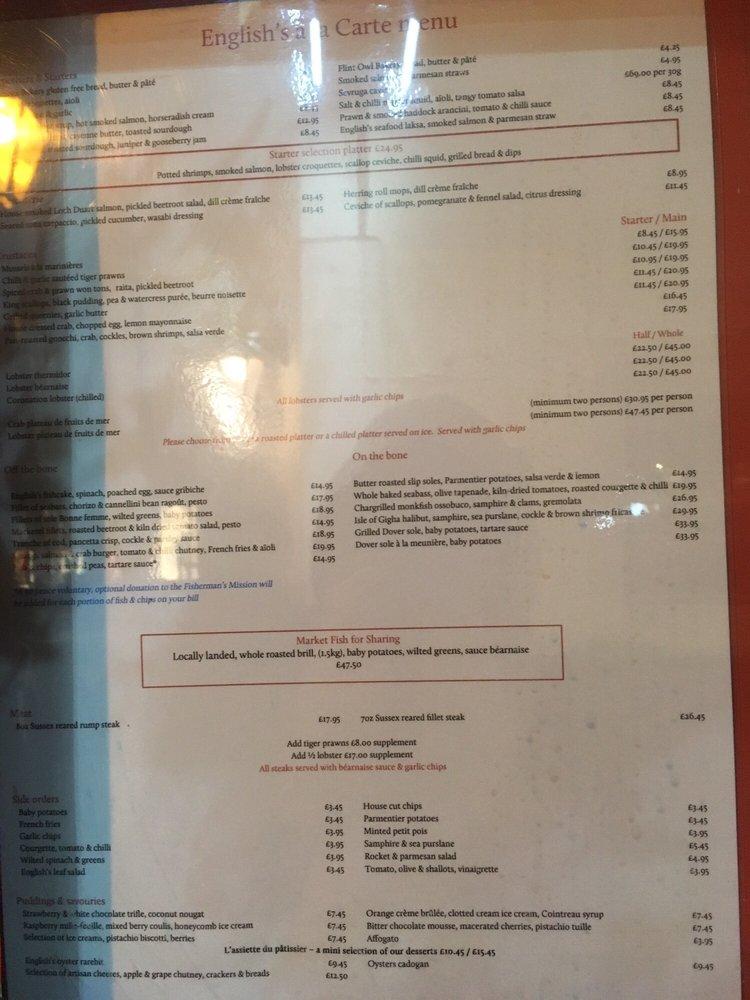Menu at English's of Brighton restaurant, Brighton