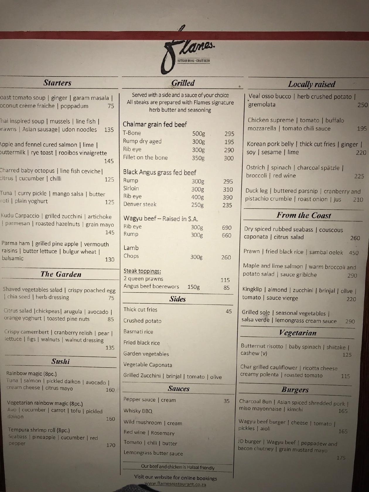 Menu at Flames restaurant, Johannesburg