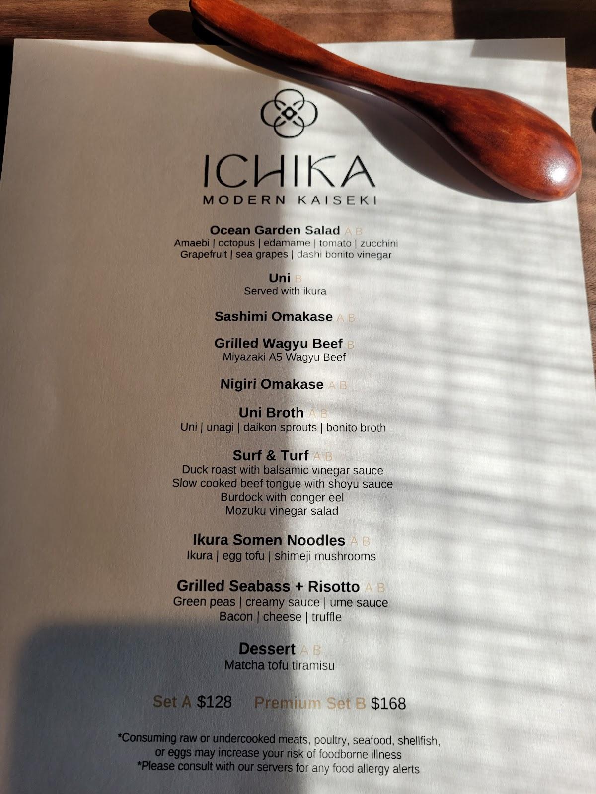 Menu at Ichika restaurant, Milpitas