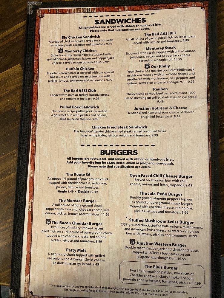 Menu at Junction on Route 36 pub & bar, Gatesville, TX-36 N