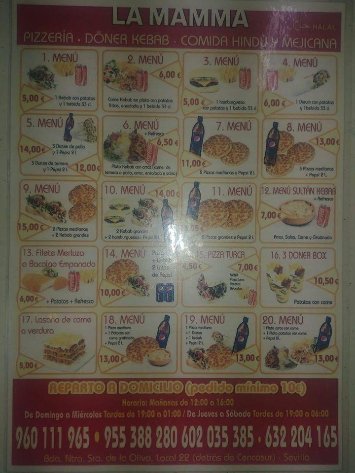 Carta del restaurante La Mamma Pizzas & Kebab, Sevilla