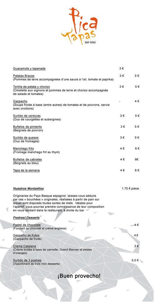Menu at PICA TAPAS pub & bar, Lille