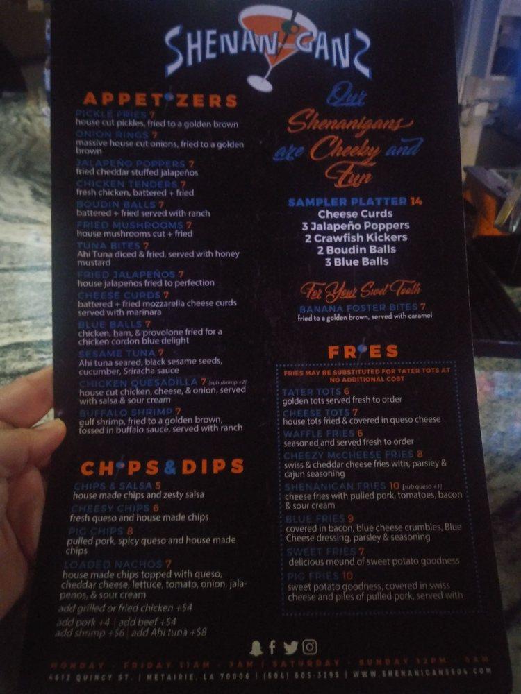 Carta del pub y bar Shenanigans Kitchen and Cocktails, Metairie