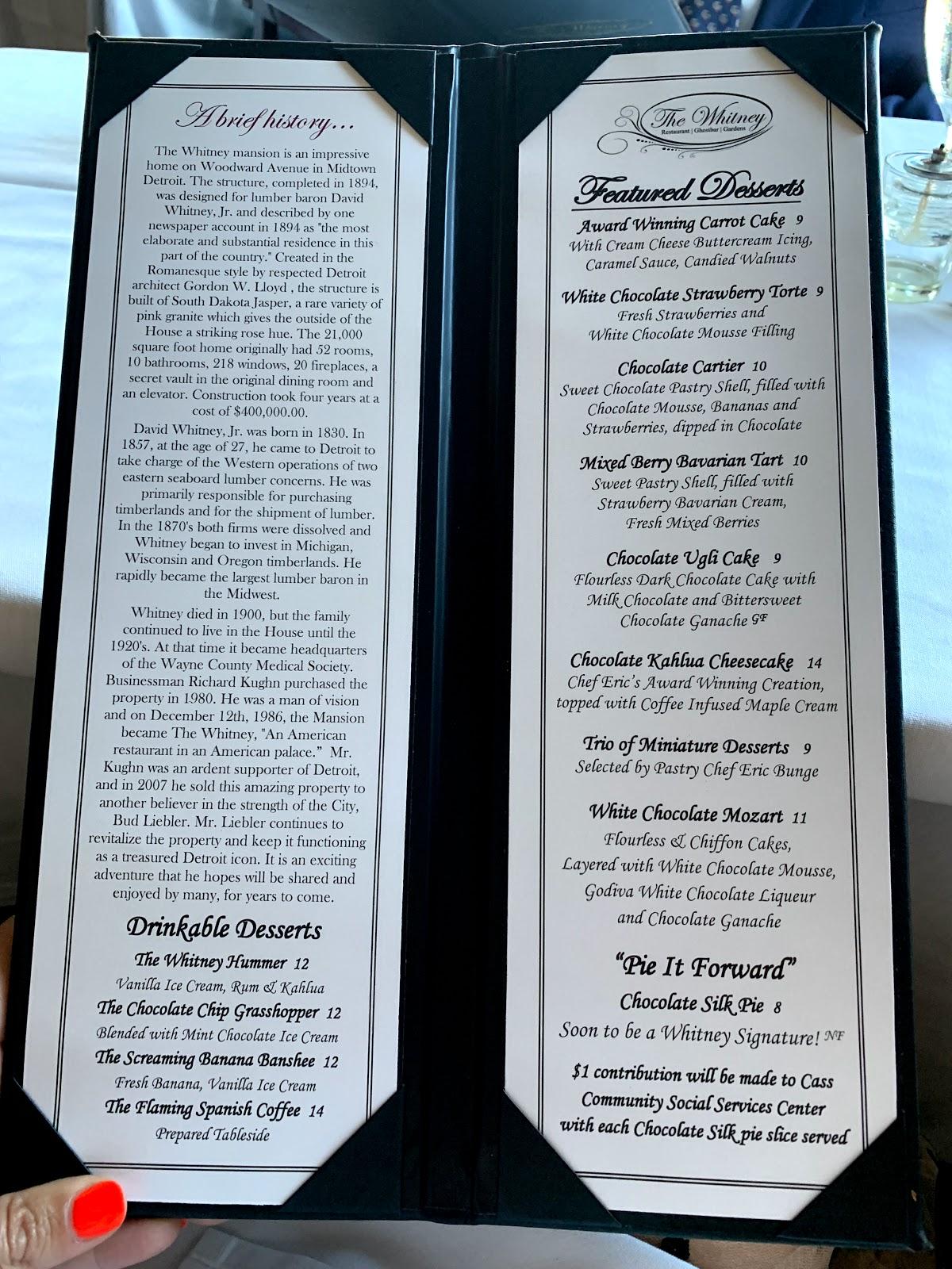 Menu at The Whitney pub & bar, Detroit