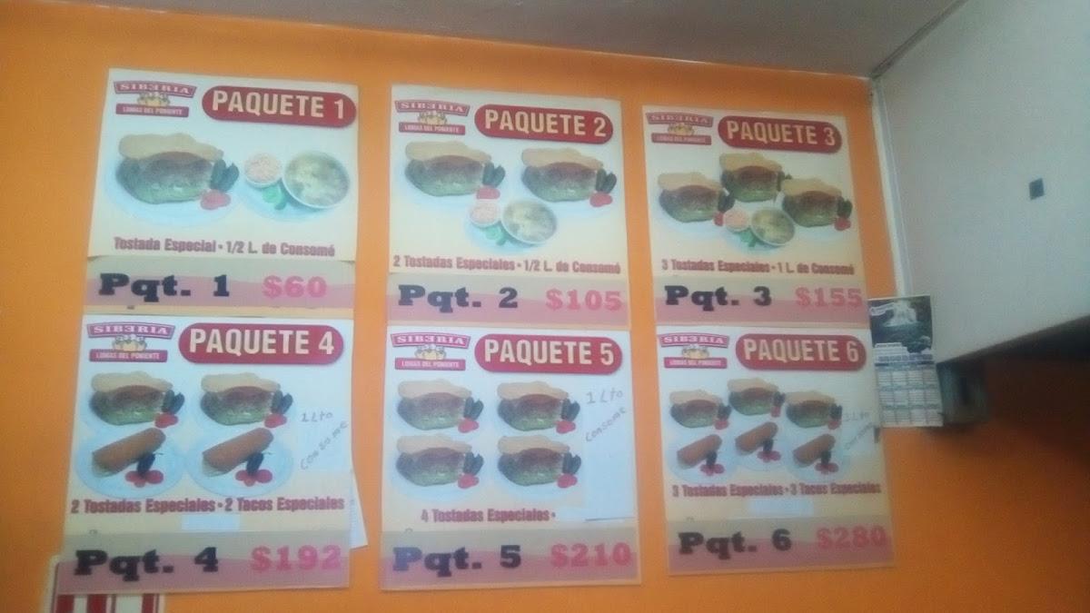 Carta del restaurante Tostadas La Siberia, Monterrey, Vicente Guerrero 112