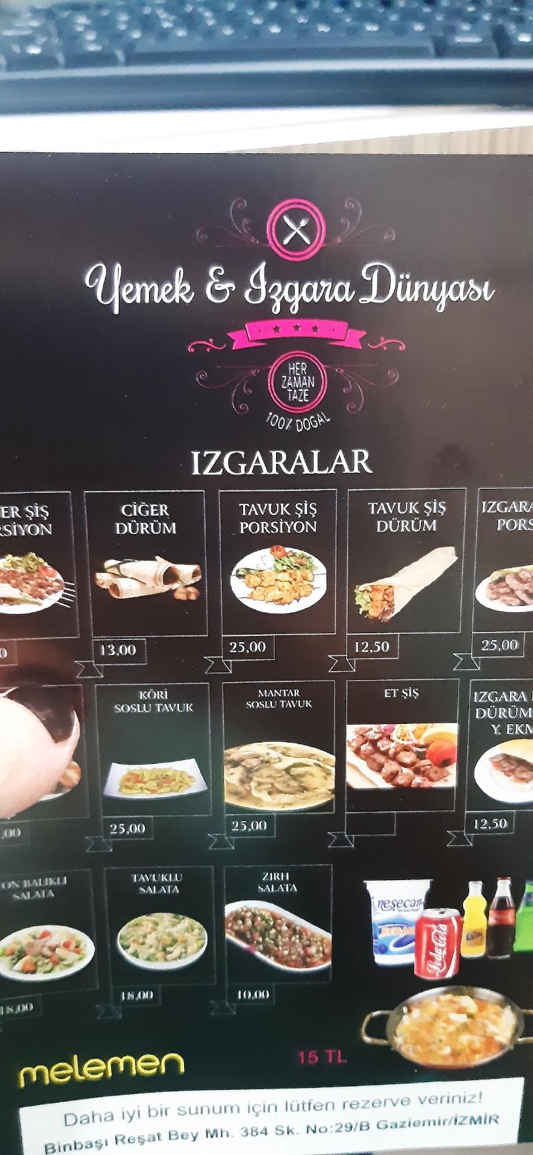 Menu at Yemek Dünyası ve ızgara salonu, Izmir