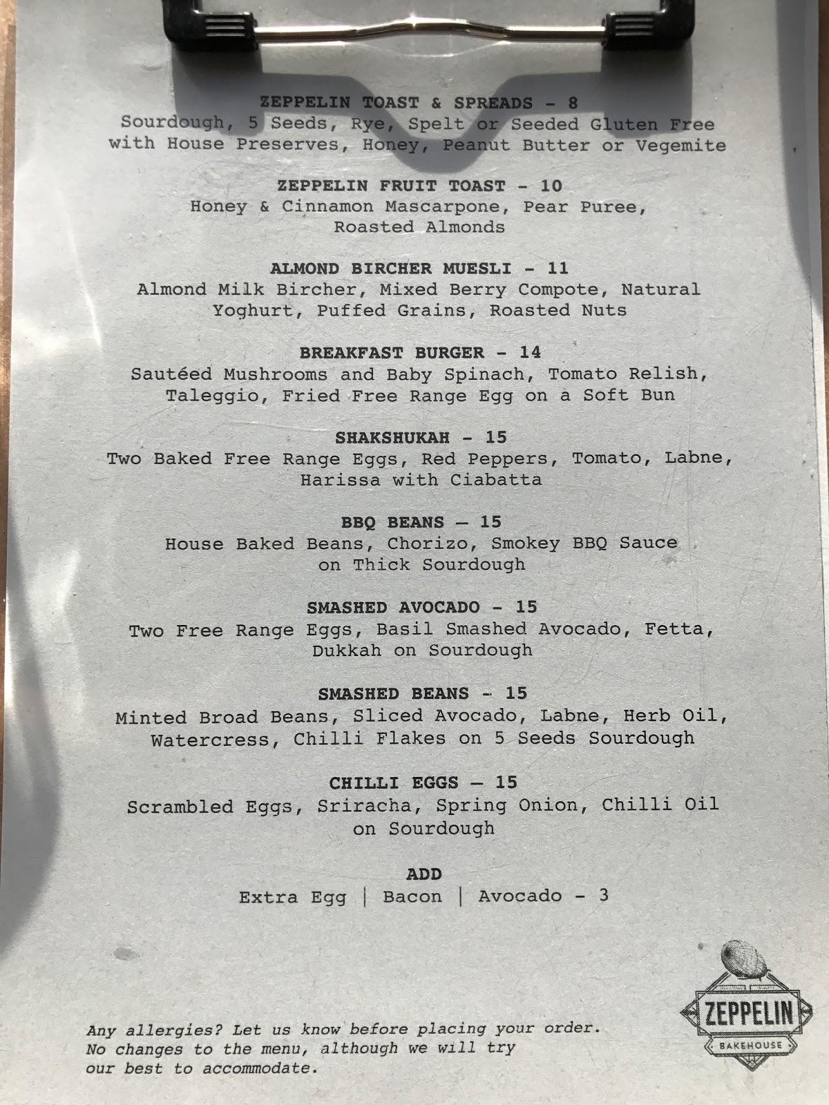 Menu at Zeppelin Kitchen cafe, Brighton
