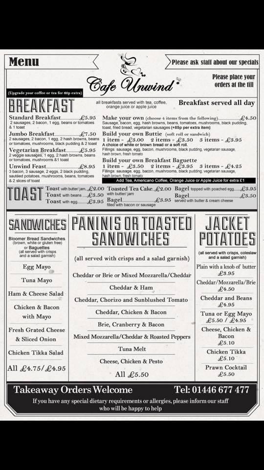 Menu at Cafe Unwind, Llantwit Major
