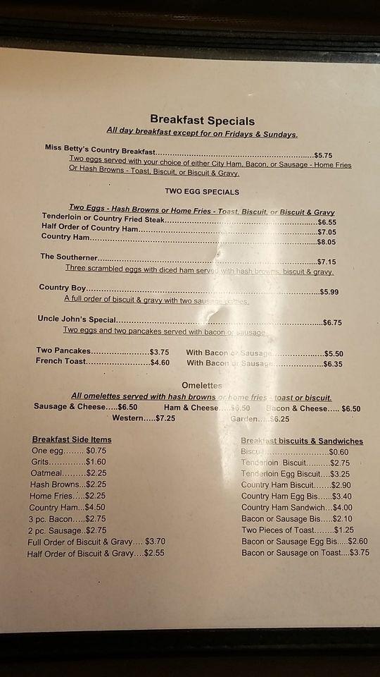 Menu at Miss Betty's restaurant, Park City